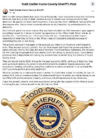 Sheriff calls out critics | Sandusky Register Here's what Corbin posted on Facebook